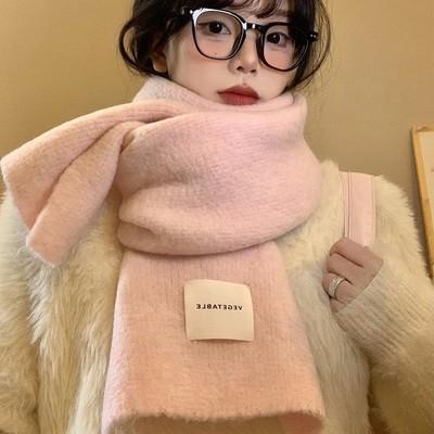 韩国订单粉色含羊毛针织围巾女冬季韩系氛围感2025新款高级感加厚