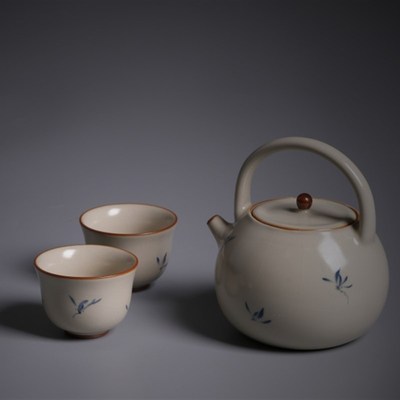 速发青兰汝窑提梁壶+2铃铛杯可手开片陶釉功夫茶具冰裂瓷家用养工