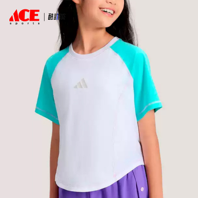 Adidas/阿迪达斯正品圆领套头拼色短袖新款儿童经典短袖T恤KG7852