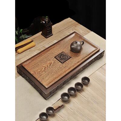 整块鸡翅木茶盘长方福大小号茶海古典简约实木黑檀干泡茶台排水式