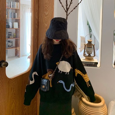 速发秋冬胖织复古慵懒风毛衣外穿大妹妹黑色ch针码衫上衣