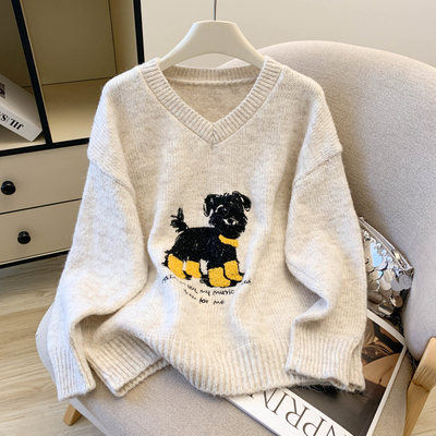 慵懒风韩系早秋穿搭卡通小狗毛衣女2025新款刺绣针织衫灰色上衣