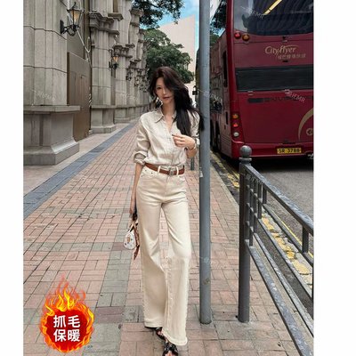 IFMR燕麦拿铁早秋新款直筒微喇牛仔磨毛女显瘦微弹浅卡其裤子