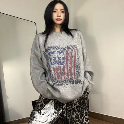 15GET美式豹纹旗帜印花圆领毛衣