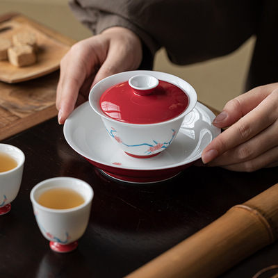 明泉茶斋红釉堆绘圆满壶承陶瓷干泡台茶承茶托壶托茶点盘茶道零配