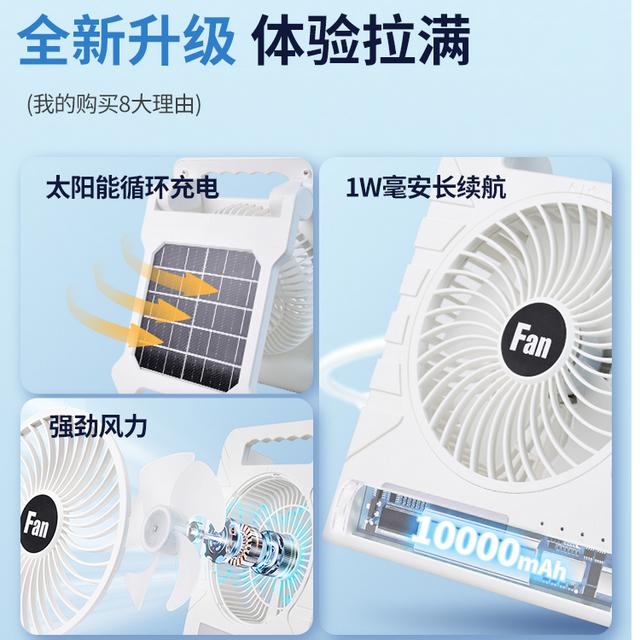 TUIU【E07】太阳能充电风扇长续航大风便携降温神器室户外露营钓