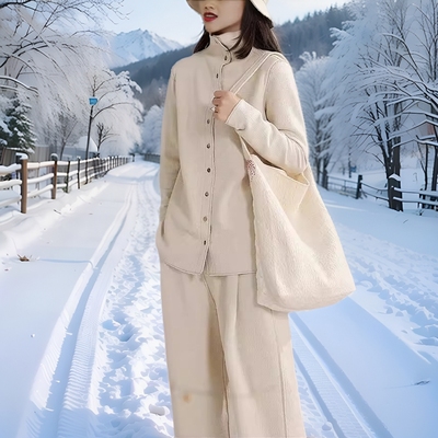 麻阁家 原创女装秋新款蓬松柔软空气层舒适Q弹显瘦高领休闲外套装