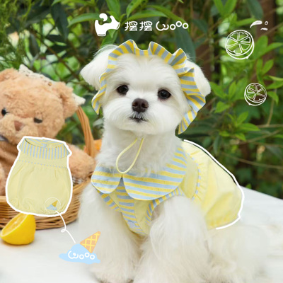 摆摆Wooo宠物猫狗夏季降温防日晒轻薄套装帽子POLO衫背心拼接条纹