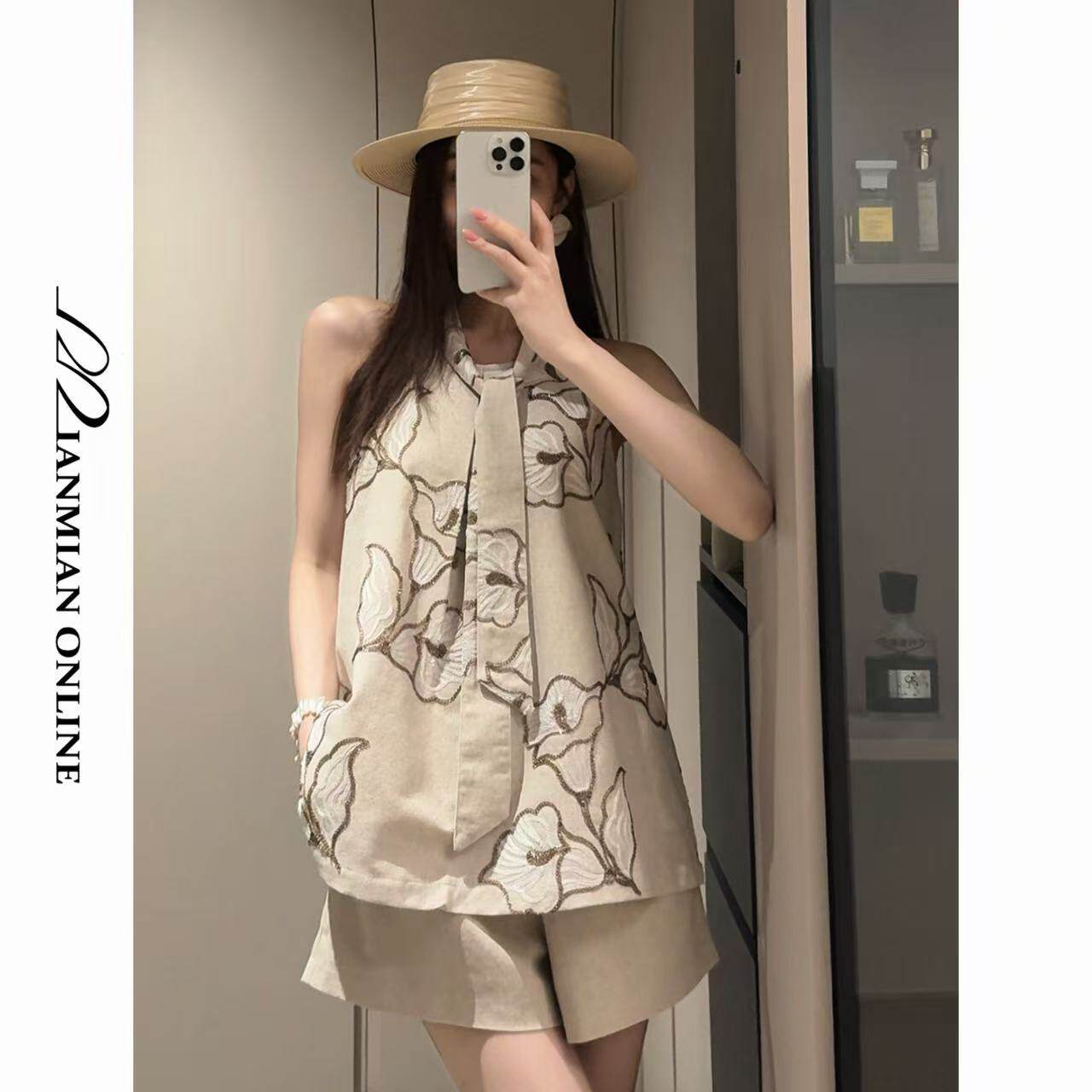 MIANMIANONLINE“亚麻花叙”设计感刺绣背心上衣/裤子337