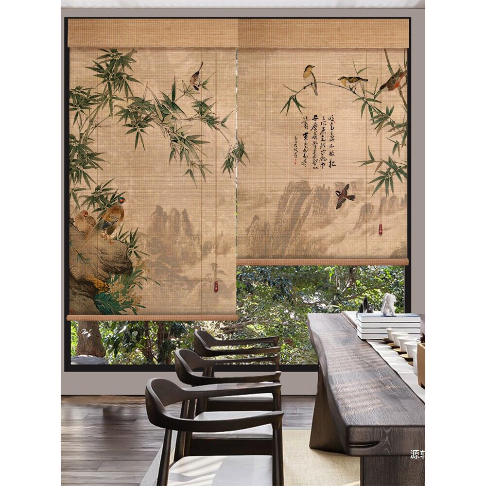 印花竹帘卷帘茶室隔断门帘新中式遮光遮阳国风背景墙装饰挂画窗帘