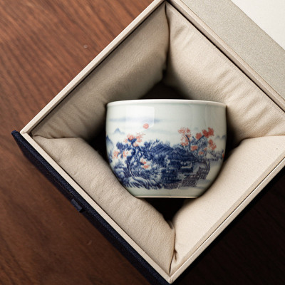 念而陶泥手绘青花山水缸杯主人杯专用单杯 德化县陶瓷品茗杯茶杯