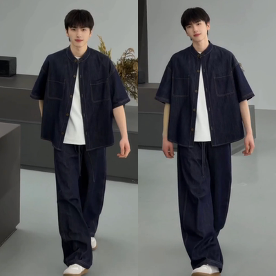 春夏季简约纯色男衬衫立领半袖休闲长裤复古时尚百搭潮流牛仔套装