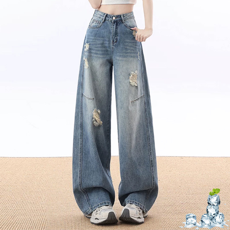浅色复古破洞阔腿牛仔裤女2026春夏加长高腰直筒梨形身材宽松裤子