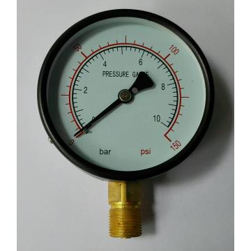 铜螺纹压力表Y-100双刻度显示10bar 150psi 直径100mm 压力0-1mpa