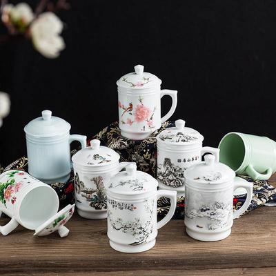 主人泡茶杯陶瓷会议办公杯带手柄功夫家用水杯青花瓷带盖老式茶缸