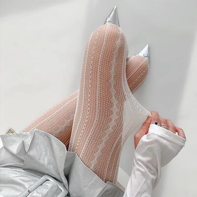 Little Fortune复古菱格竖纹镂空丝袜辣妹灰色连裤袜子女夏季薄款