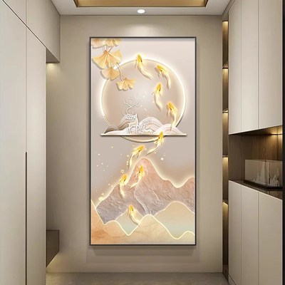 速发轻装九鱼图入户玄关画饰画高档走廊尽头过道挂奢客厅壁画灯画