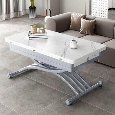 岩板升降茶几实木小户型两用桌家用一体式钢化秒变餐桌升降款