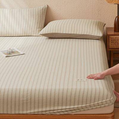简约纱条纹棉皱双层床笠SX202503单件纯棉床罩榻榻米床垫保护罩三
