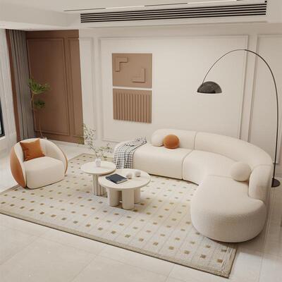 奶油现风弧形接待发客厅沙轻奢设代计师休息区创ESV意转角沙发茶