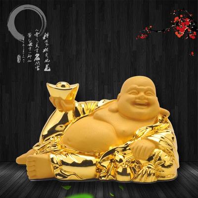 绒沙金元宝卧佛汽车内饰用品摆件弥勒佛像保平安树脂车载