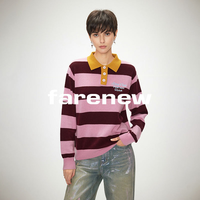 Farenew26春设计师款100%羊毛翻领条纹针织衫短款复古31827037
