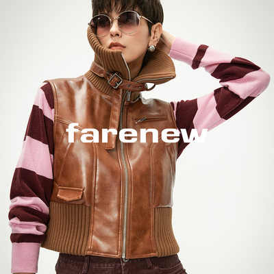 Farenew26春设计师款超高可翻折领皮衣短马甲短款港风31827045