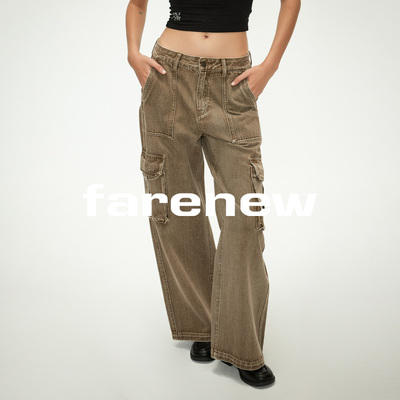 Farenew26春设计师款全棉做旧复古牛仔裤个性工装裤316W7N023