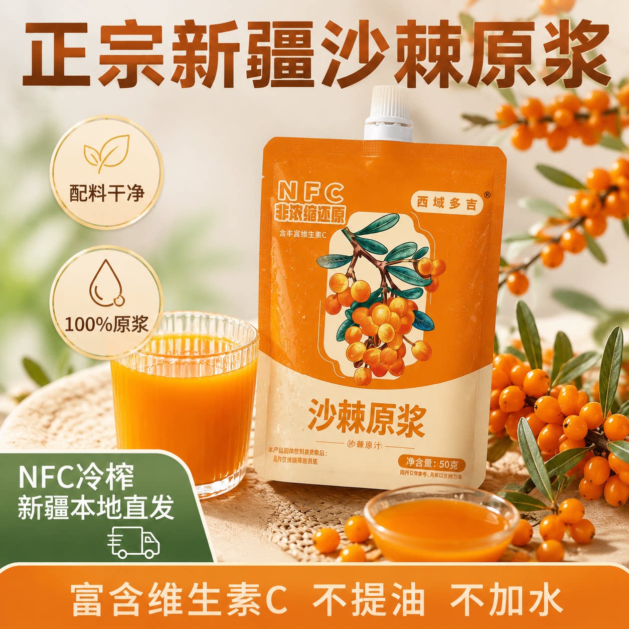 新疆特产新疆沙棘原浆沙棘果汁沙棘汁NFC冷榨富含维生素C鲜果鲜榨