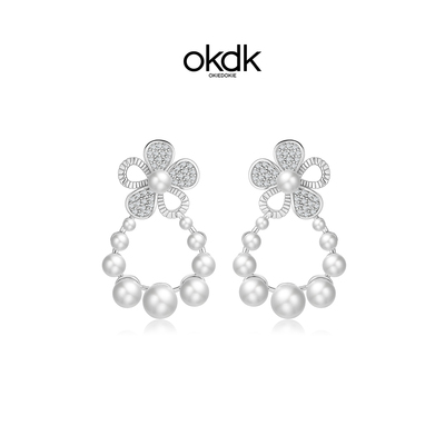OKDK 时光山茶花花朵珍珠圆圈银针耳环时尚气质设计感ins耳钉百搭