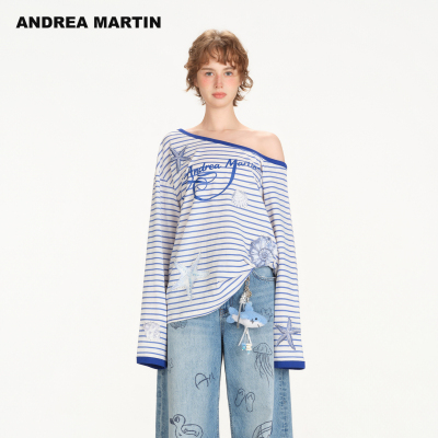 ANDREA MARTIN2026夏季新款蓝色斜肩领条纹烫钻印花宽松女长袖T恤