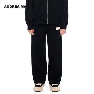 ANDREA MARTIN秋冬新款满钻logo刺绣长裤直筒休闲裤