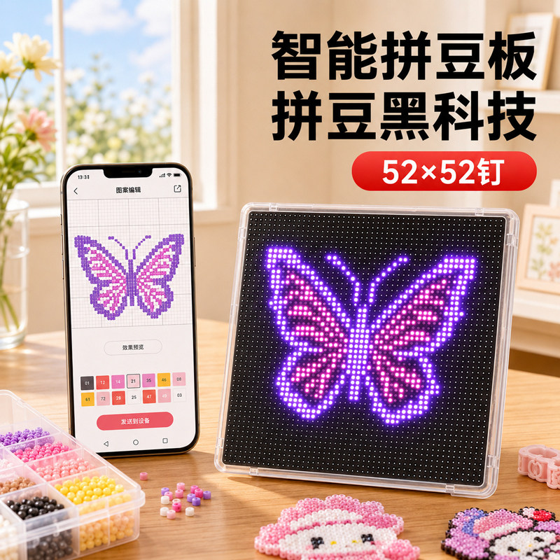 拼豆豆专用智能拼豆板led电子板长钉板52*52钉diy工具送礼物盒装