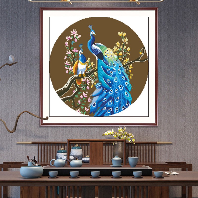 好货纯手工十字绣成品花开富贵孔雀图新款客厅玄关圆形挂画绣好的
