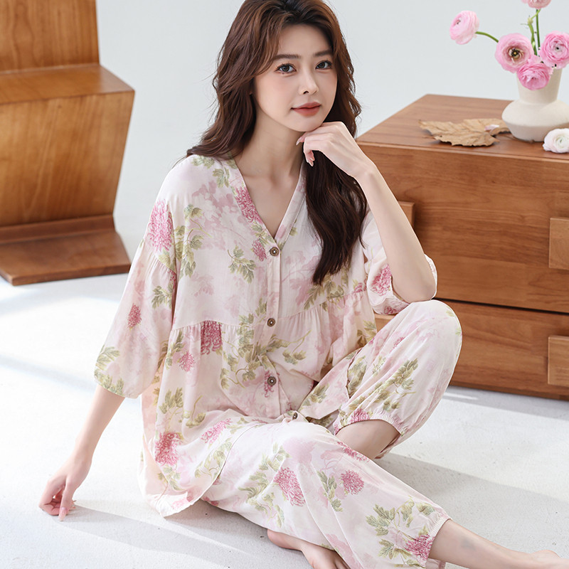夏季女士宽松大码V领睡衣清新甜美风家居服可外穿空调服两件套装
