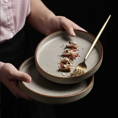 速发家餐盘复古餐具创用西意日式盘子个性手工陶瓷粗陶菜盘汤盘牛