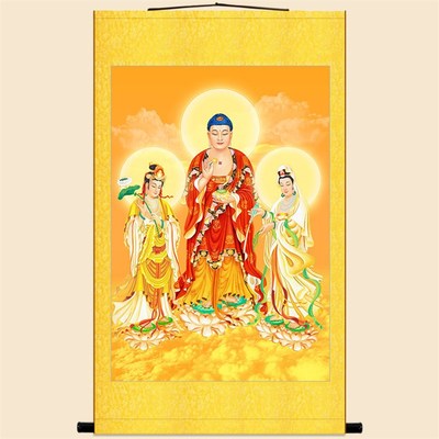 速发西方大圣阿弥陀佛接引图 高清三势至萨音菩观卷轴挂画