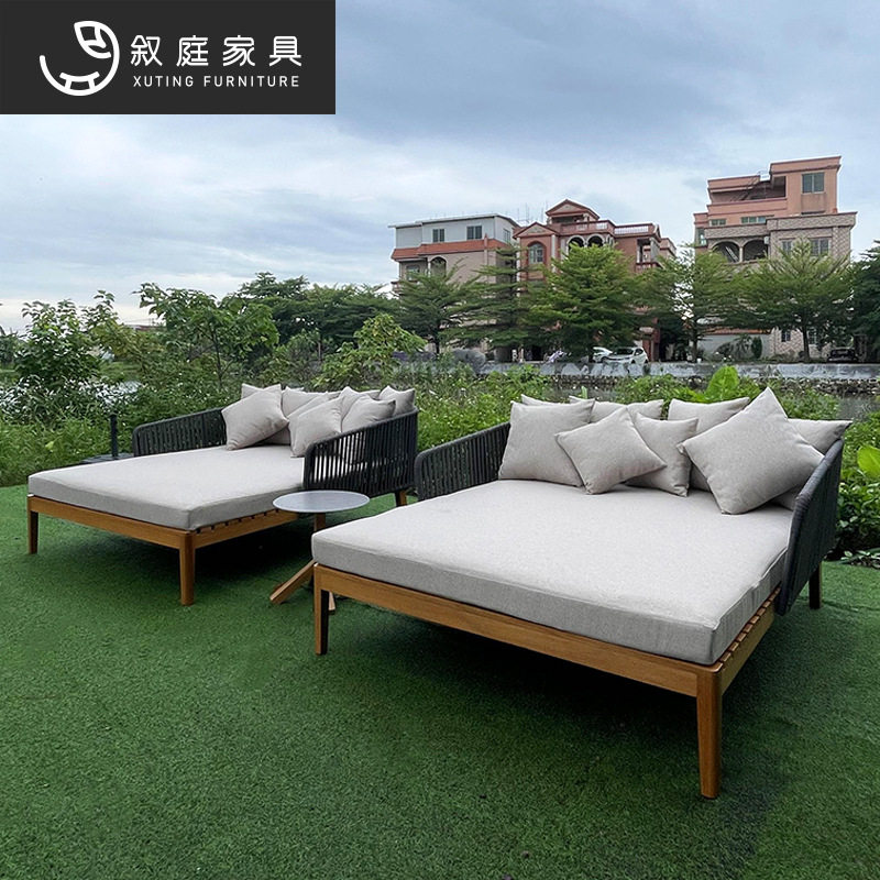 户外沙发庭院防晒防水藤艺躺床室外藤编露台实木床小茶几组合家具