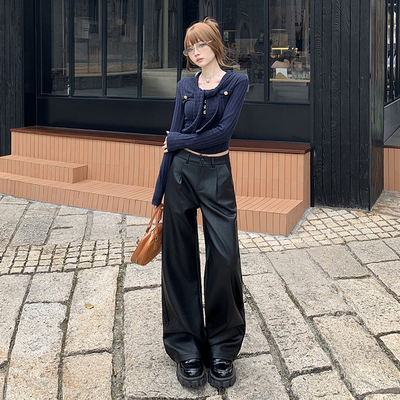KAPOKP2黑色皮裤女美德拉新款直筒显瘦休闲裤软PU皮宽松阔腿裤女