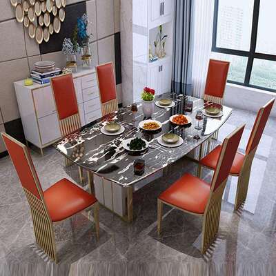 纯天然大理石餐桌椅组合港式轻奢长方形餐台后现代美式样板房家具