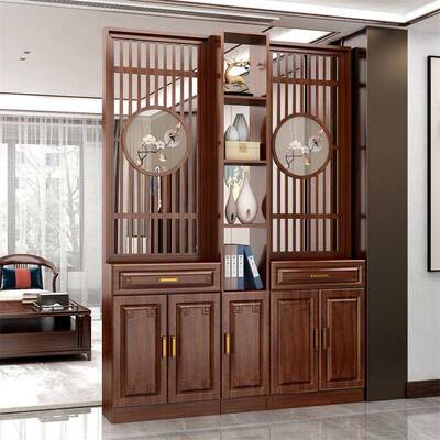 屏新中式风隔断柜客厅餐厅关遮置挡物架木玄质格栅入户进门100506