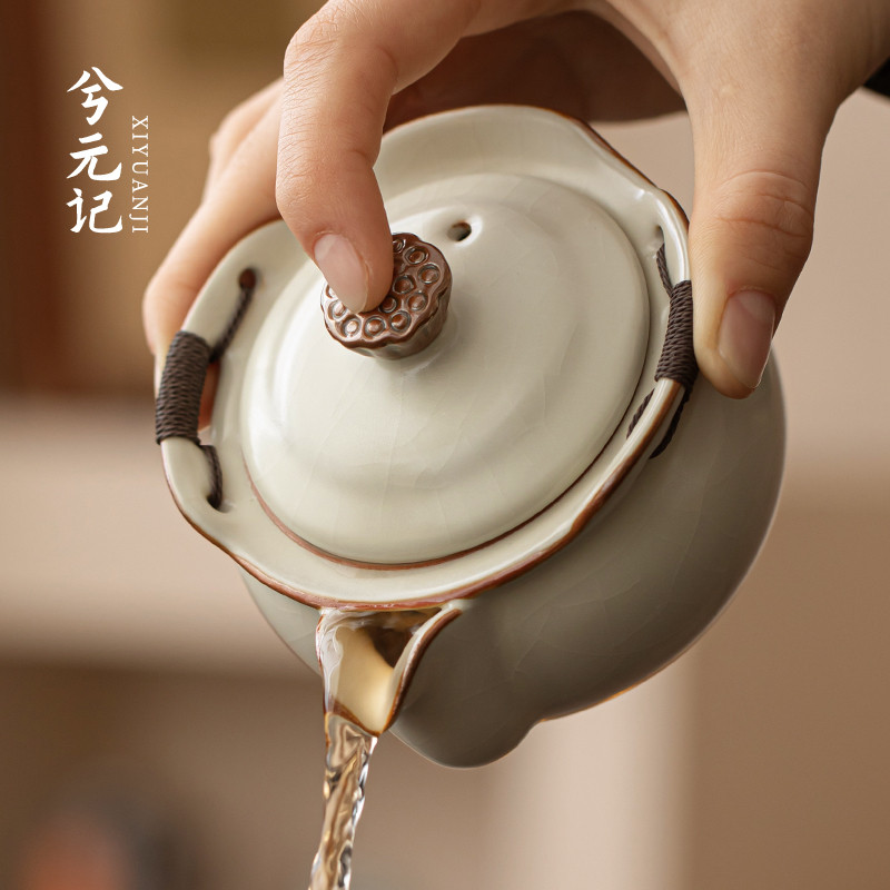 米黄汝窑盖碗茶杯单个高档大号手抓壶不烫手家用茶碗带盖功夫