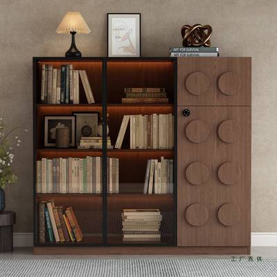 中古风书室XBE柜带玻璃书门防尘置物柜展家用卧房书橱储物柜实木