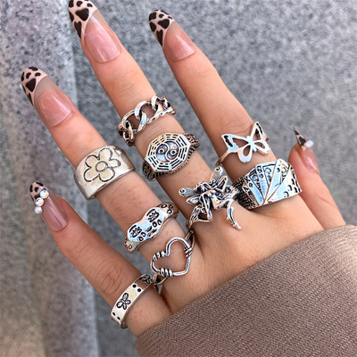 Punk Ring Set 9Pcs Gossip TaiChi Women Vintage Spades Ace Si