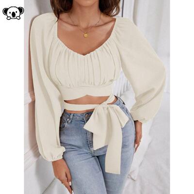 Z 78401 Ruched Lantern Sleeve Blouse Knot Front打结前襟上衣