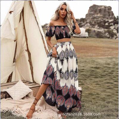 Set Women's Patchwork Print Crop Top & Skirt Boho Bohemian