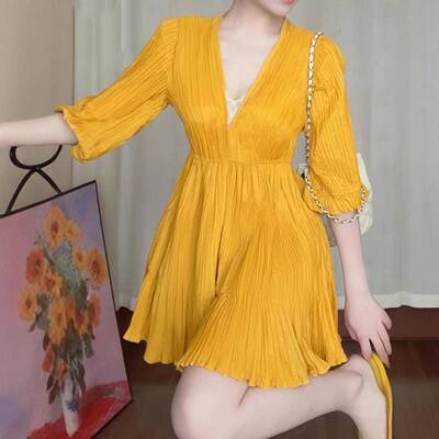 2026 Spring Women Casual Dress Solid Color V Neck Elegant
