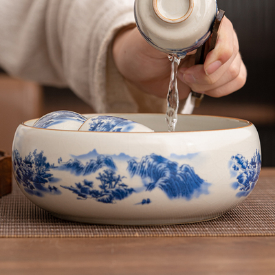 速发汝窑大号茶洗家用陶瓷建水茶高复茶海档古洗缸水盂功夫茶具单