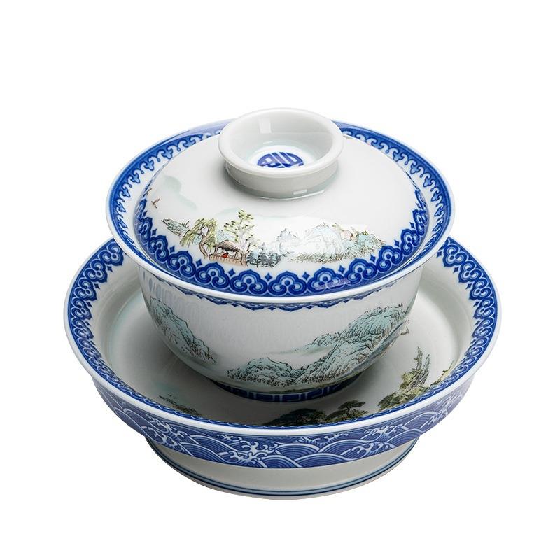 吾唯知足盖碗茶杯陶瓷大号粉彩三才青花泡茶碗功夫茶具自用大碗茶