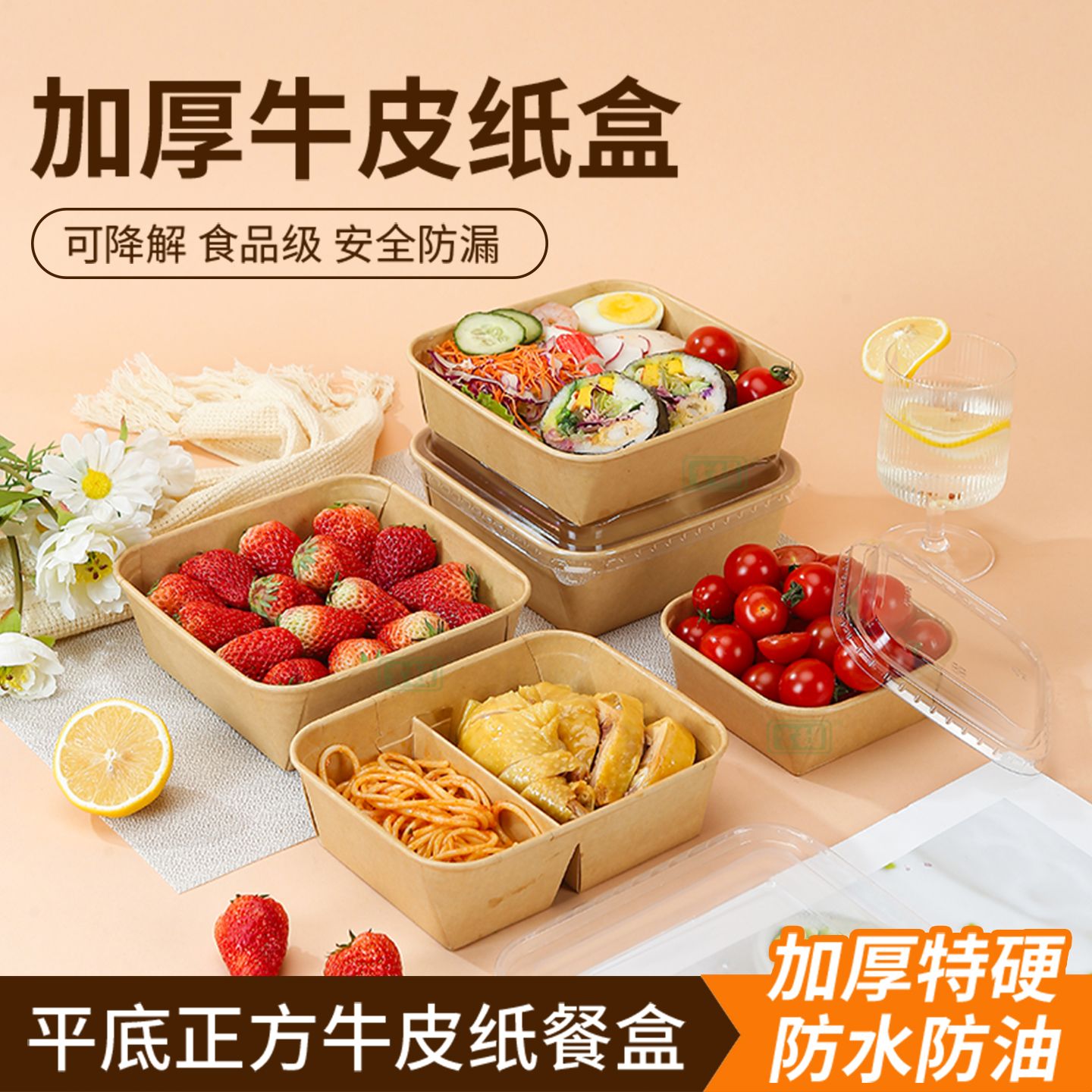 牛皮纸一次性餐盒可微波分格高端食品级耐高温带盖长方分隔打包盒